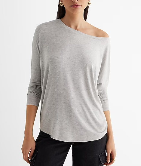 Relaxed Off The Shoulder Long Sleeve London Tee Silver Heath | Inspire ...