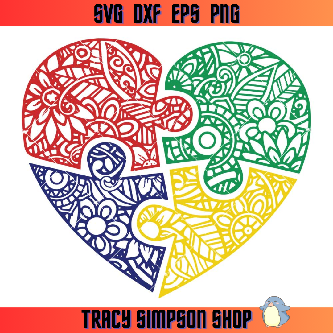 Autism Heart Puzzle Mandala Svg, Autism Zentangle Svg - Inspire Uplift