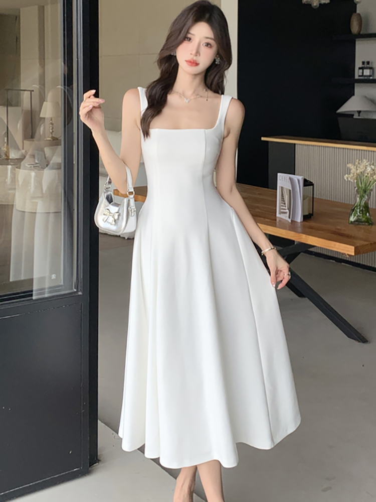 White Square Collar Sling Long Dress Elegant Party Vestidos | Inspire ...