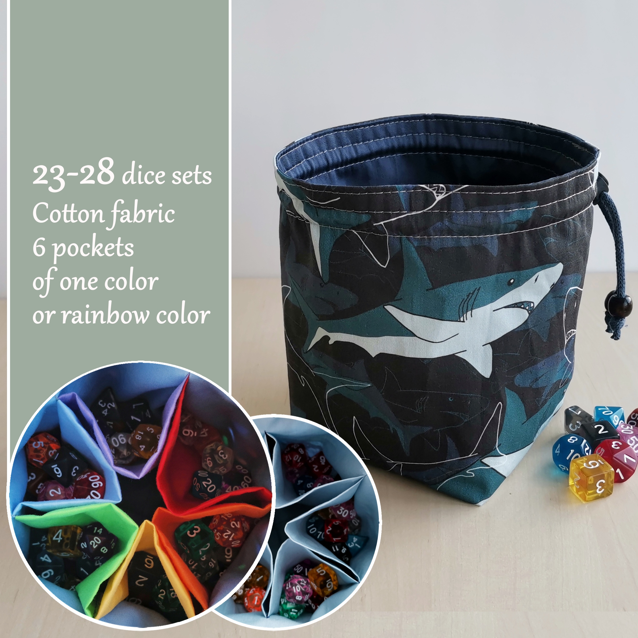 Large dice bag with pockets for 150-200 dice Shark | Inspire Uplift