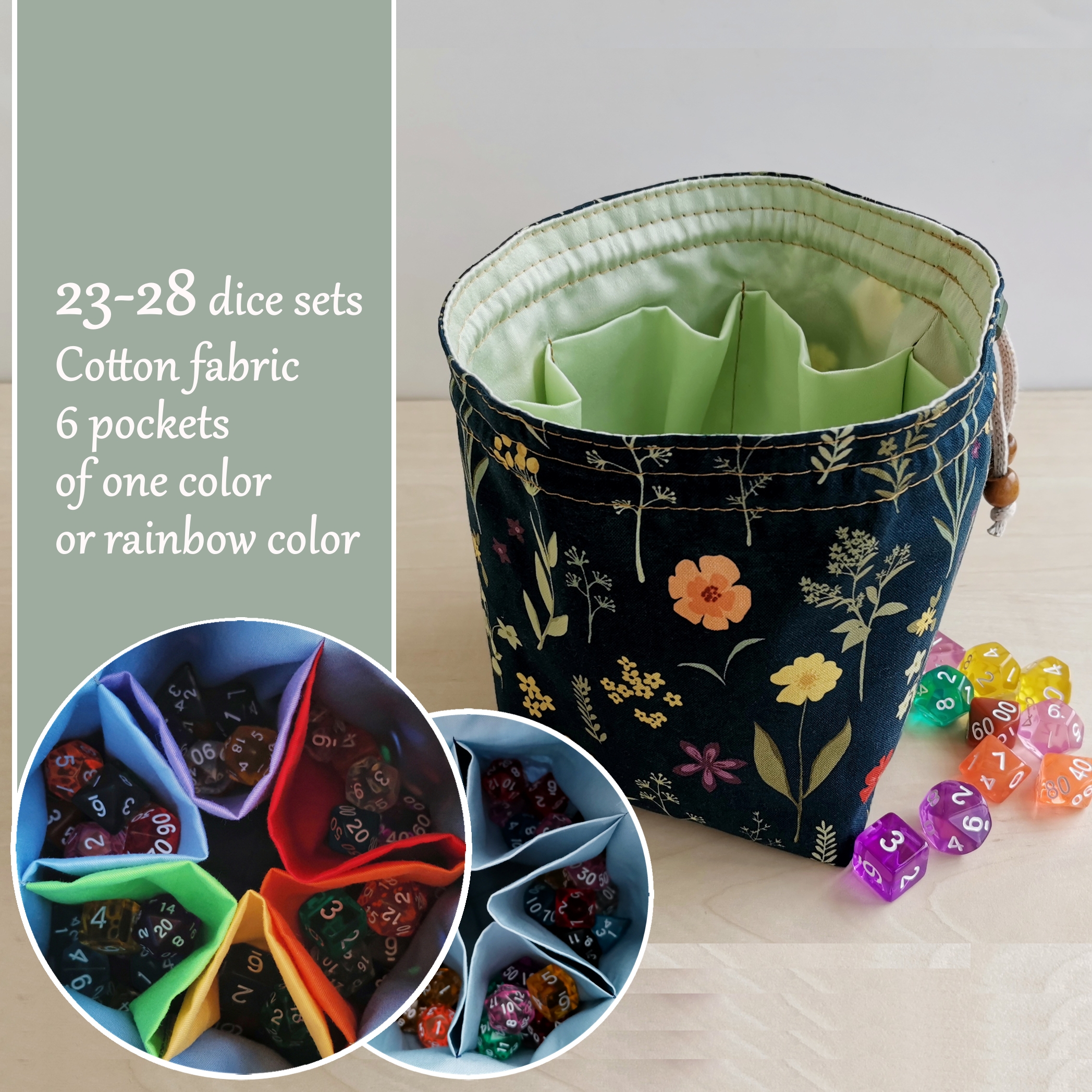 Large dice bag with pockets for 150-200 dice Wild flowers | Inspire Uplift