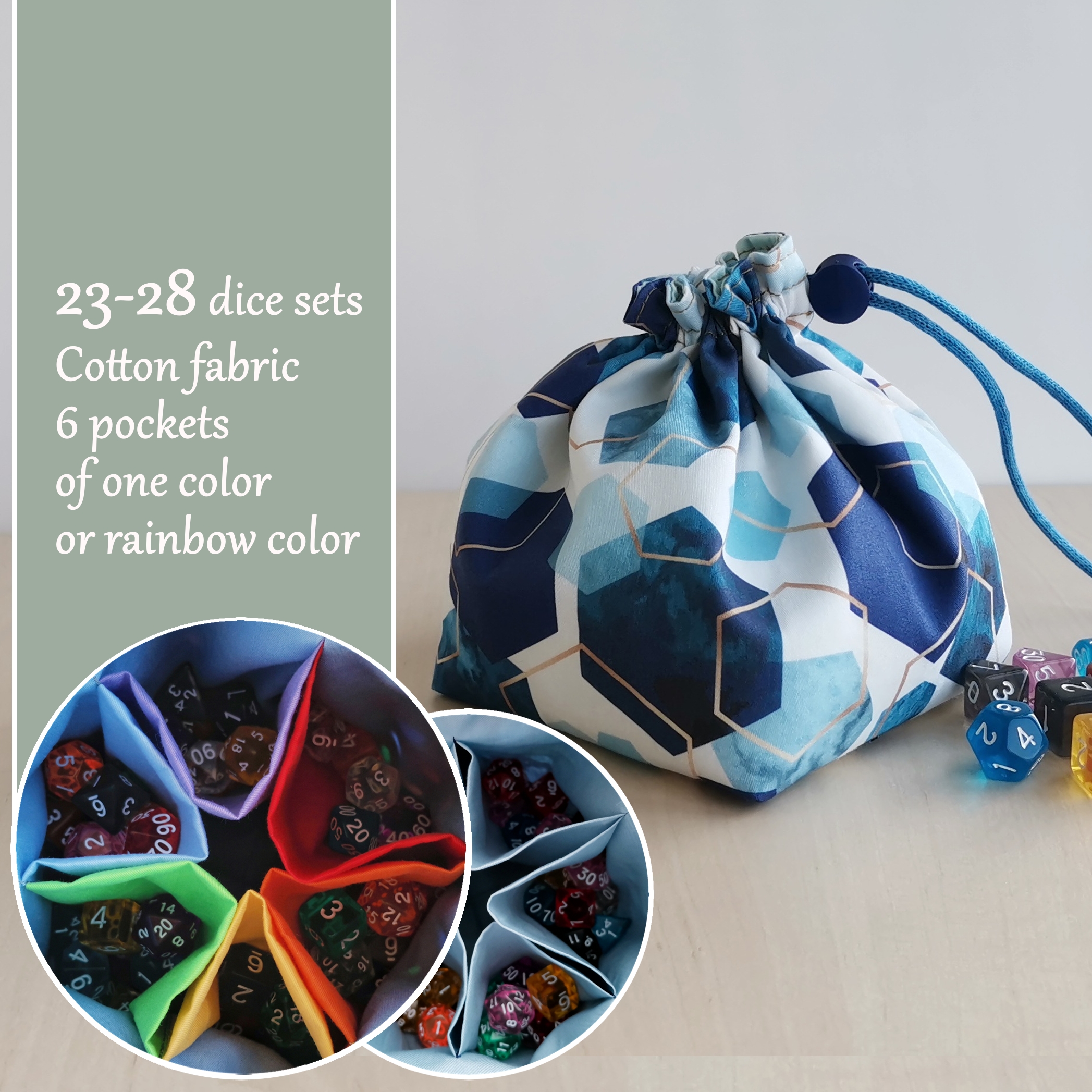 Large dice bag with pockets for 150-200 dice blue hexagons | Inspire Uplift