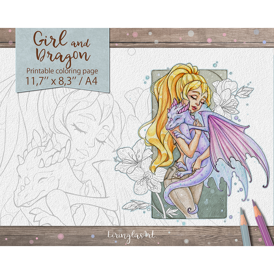 Girl and Dragon - fantasy coloring page PDF A4 printable | Inspire Uplift