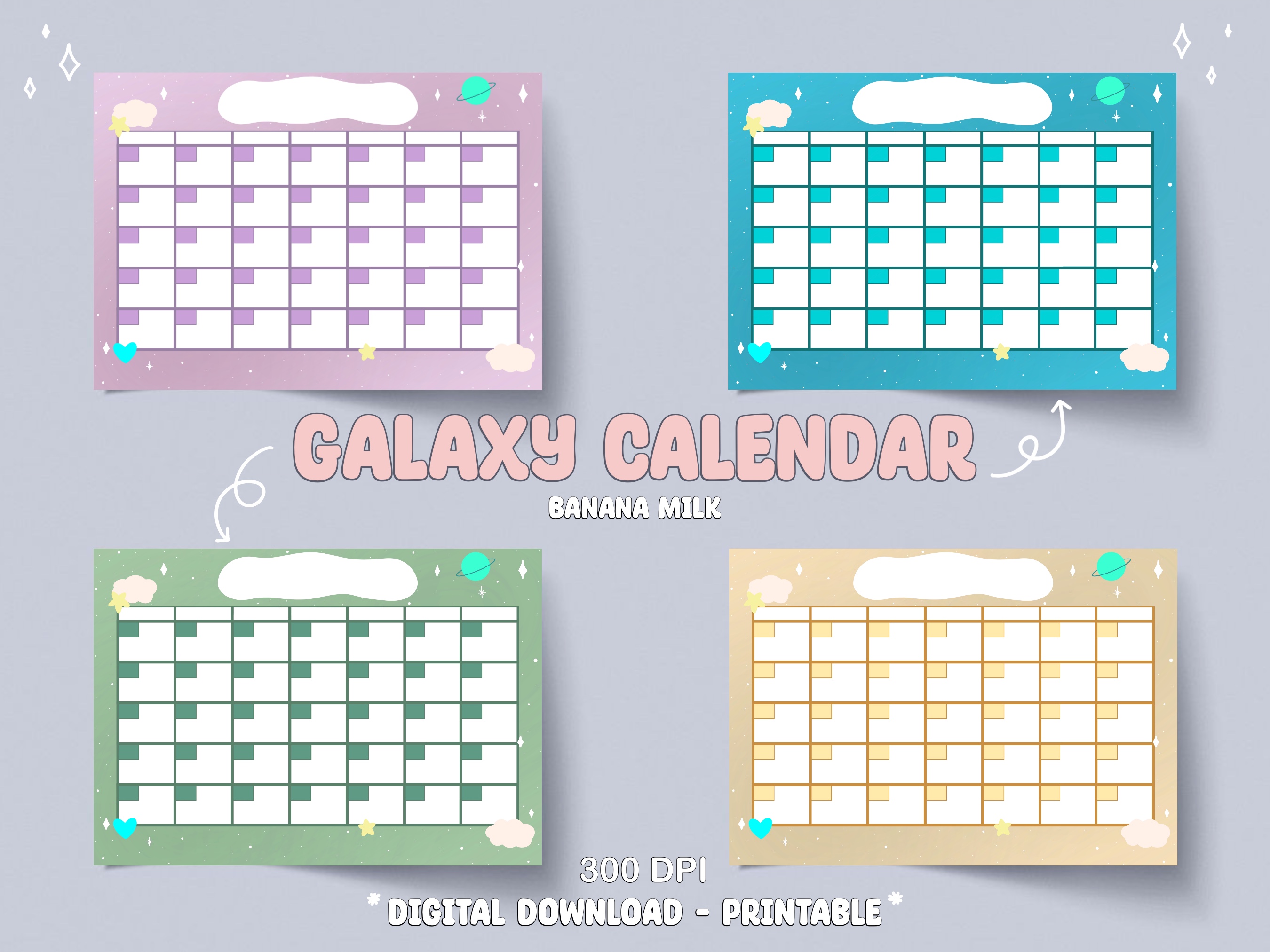 Blank Cute Galaxy Yearly Calendar | Digital Download Printab - Inspire ...