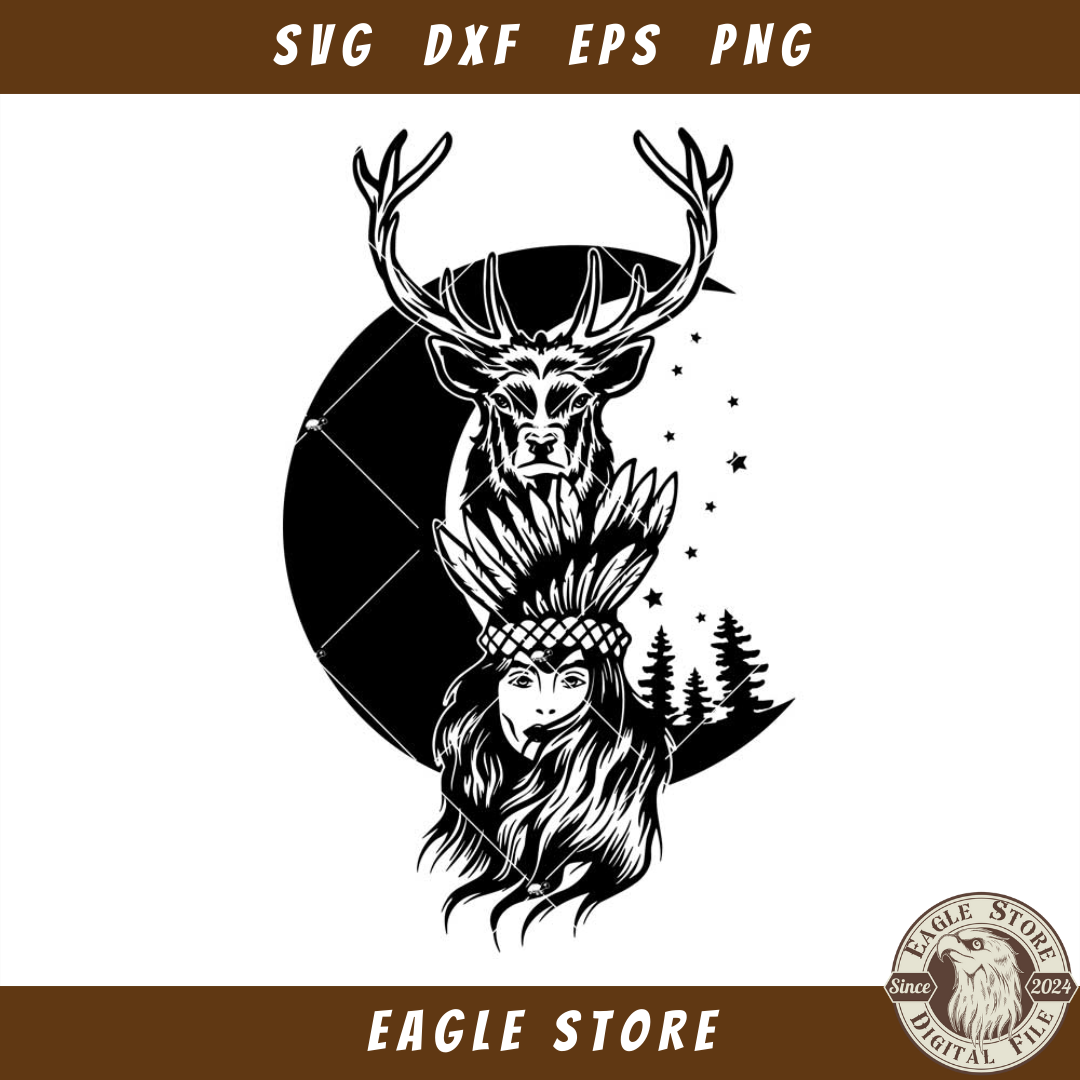 American Native Woman and Moon Svg, Girl with Flowers Svg | Inspire Uplift