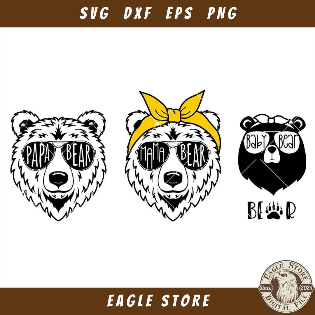 Bear Family Svg, Mama bear Bandana Bow Svg, Papa Bear Svg - Inspire Uplift