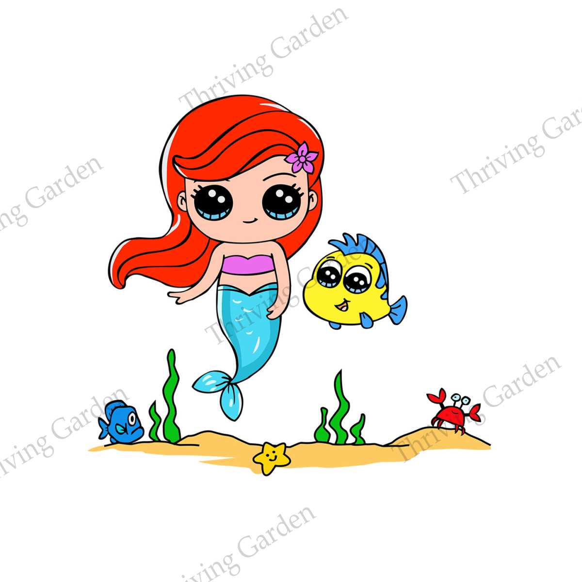 Cute Chibi Little Mermaid Ariel Flounder Fish SVG | Inspire Uplift