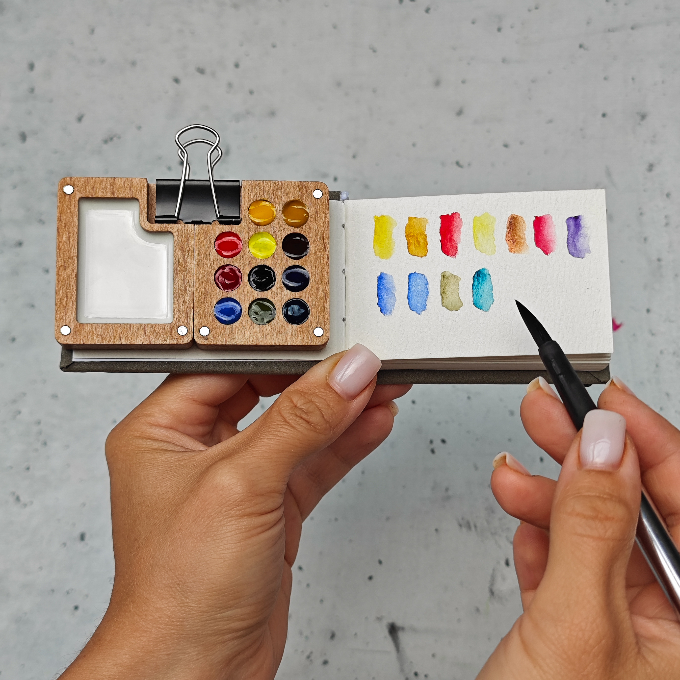 Mini wooden watercolor palette, with small sketchbook. | Inspire Uplift
