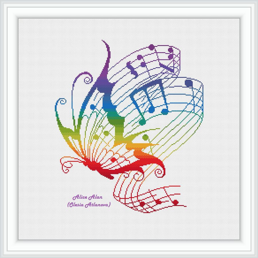 Cross stitch pattern Music Butterfly silhouette notes staff | Inspire ...