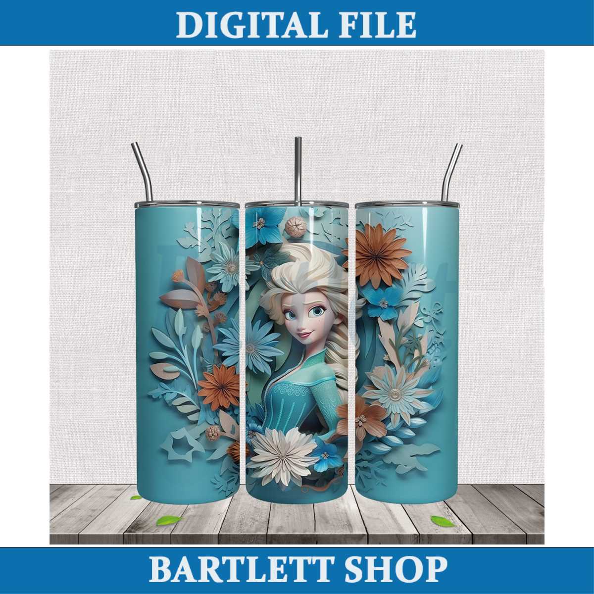 3D Floral Frozen Princess Elsa Tumbler Wrap PNG | Inspire Uplift