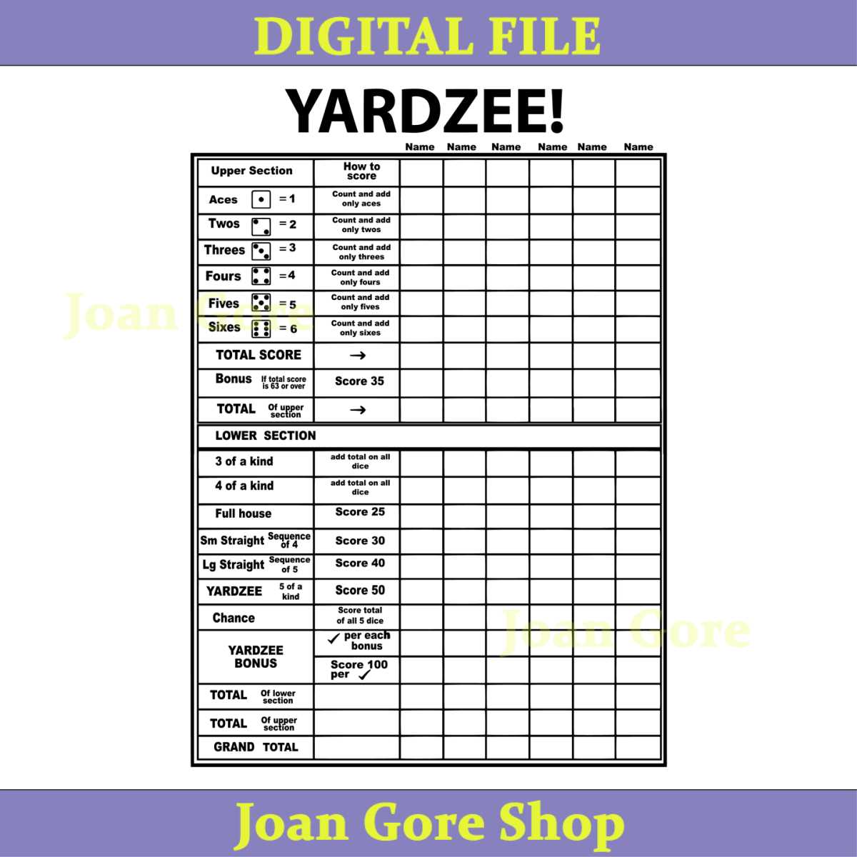 YARDZEE SCORE CARD Svg, Yardzee scorecard svg files, Yardzee | Inspire ...