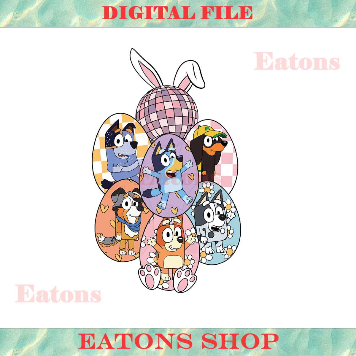 Happy Easter Day Bluey Family Bunny Eggs PNG | Inspire Uplift