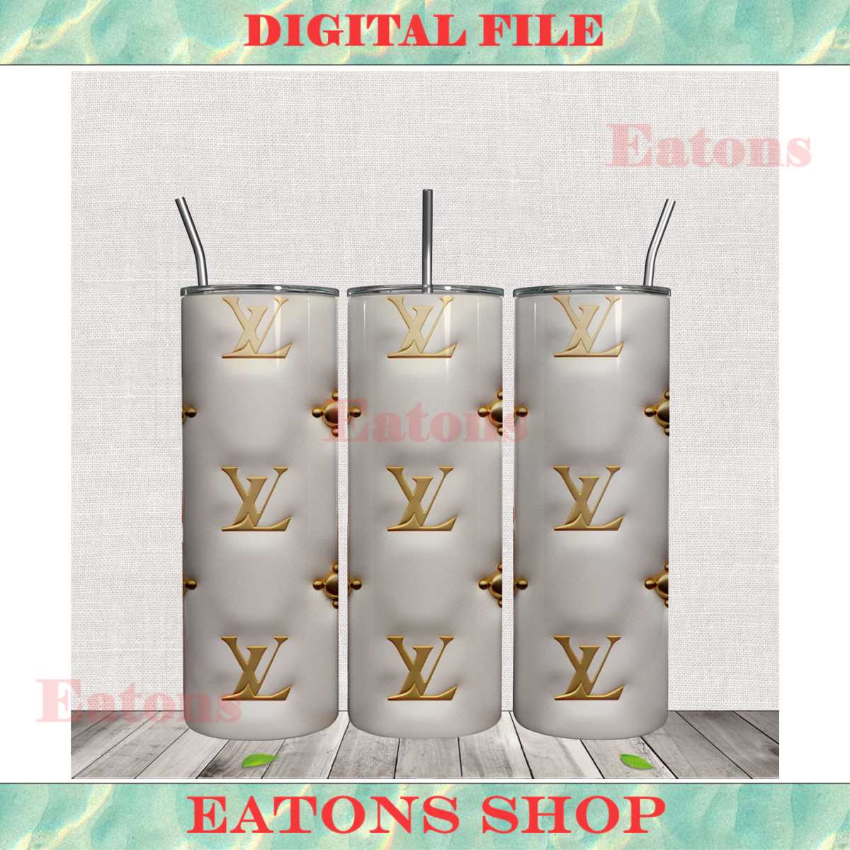 3D LV Fashion Gold Inflated Design Tumbler PNG | Inspire Uplift