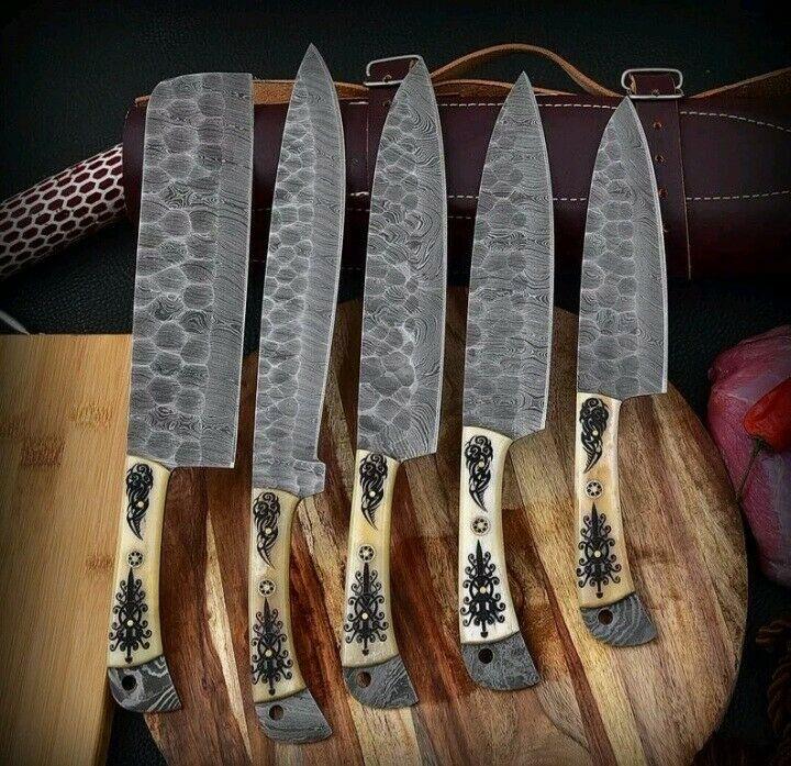 Custom Handmade Damascus Chef Knife Set with Leather Sheath | Inspire ...