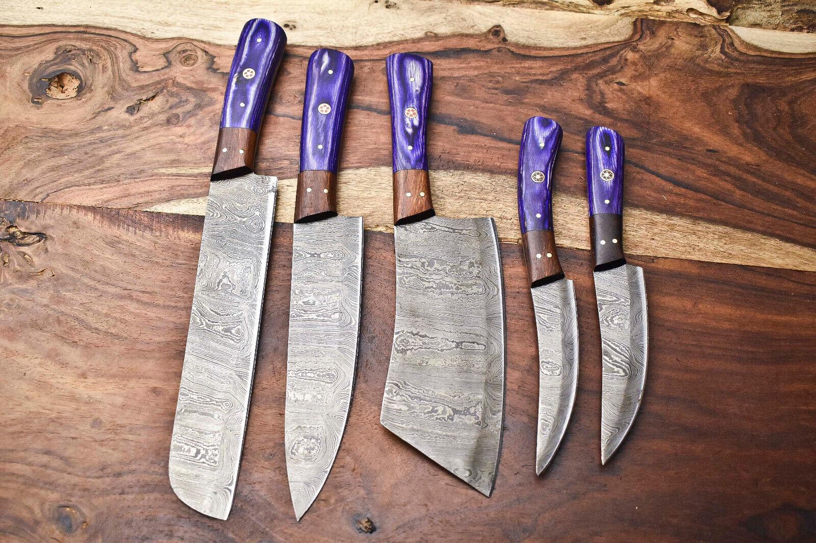 Traditional Damascus Chef Knives | Walnut Handle Set of 5 | Inspire Uplift