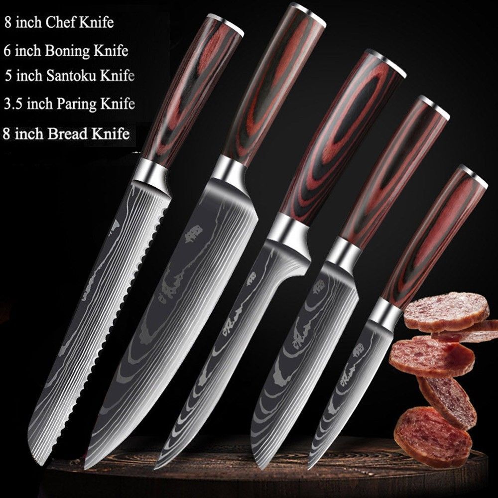 5PC Japanese Kitchen Style Knives Set Laser Damascus Pattern | Inspire ...