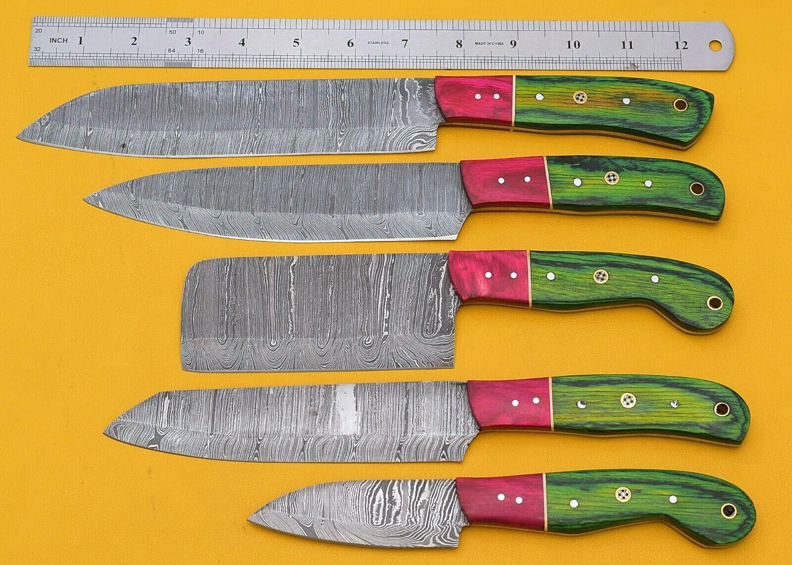Artisan Handmade Damascus 5 Chef Knives Set with Pakka Wood | Inspire ...