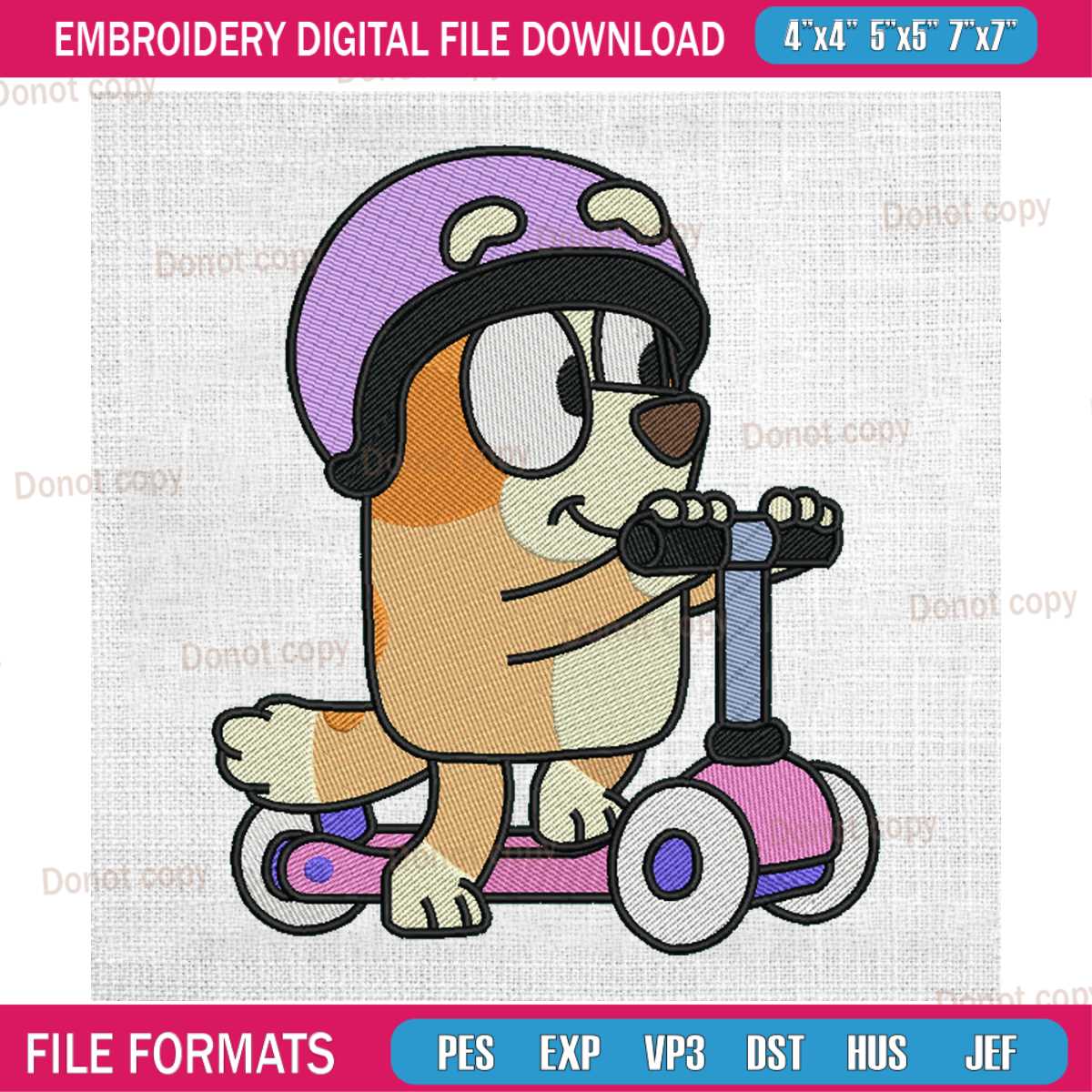 Bluey And Bingo Kid Riding Scooter Embroidery | Inspire Uplift