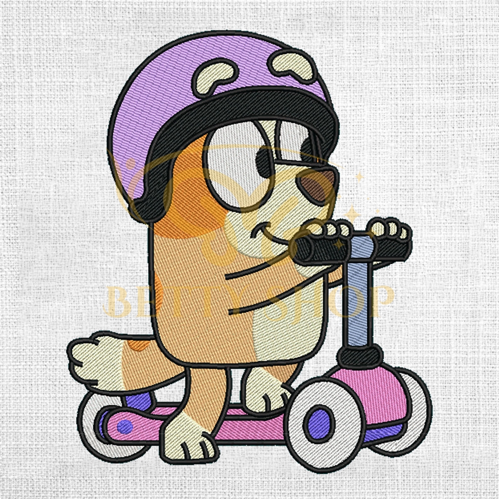 Bluey And Bingo Kid Riding Scooter Embroidery Png | Inspire Uplift