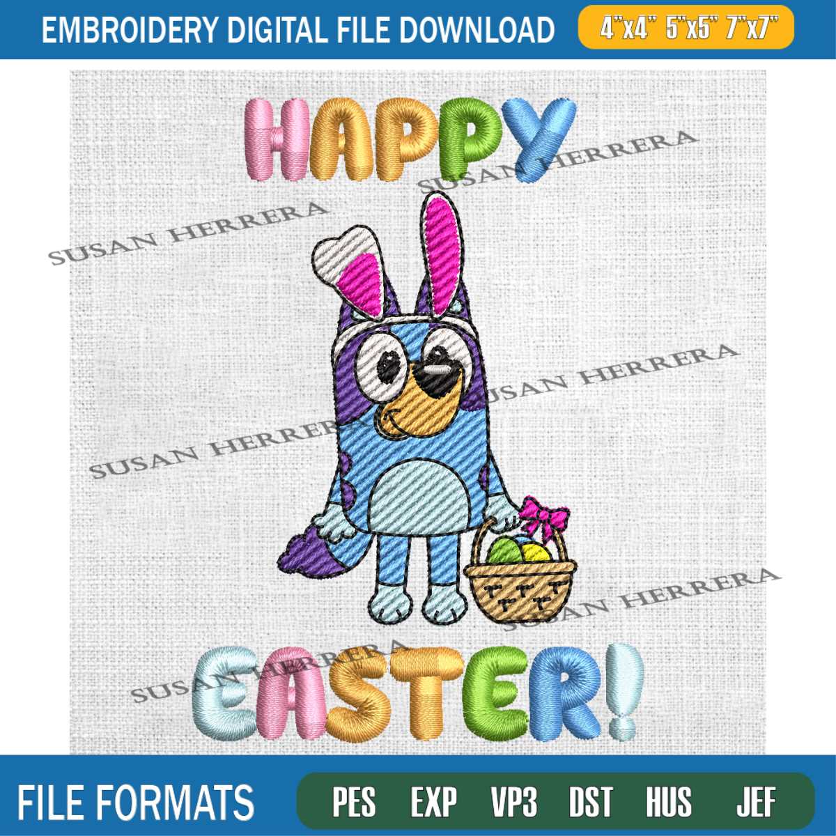 Happy Easter Bluey Bunny Ears Eggs Basket Embroidery - Inspire Uplift