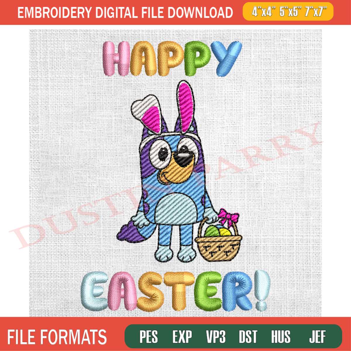 Happy Easter Bluey Bunny Ears Eggs Basket Embroidery | Inspire Uplift