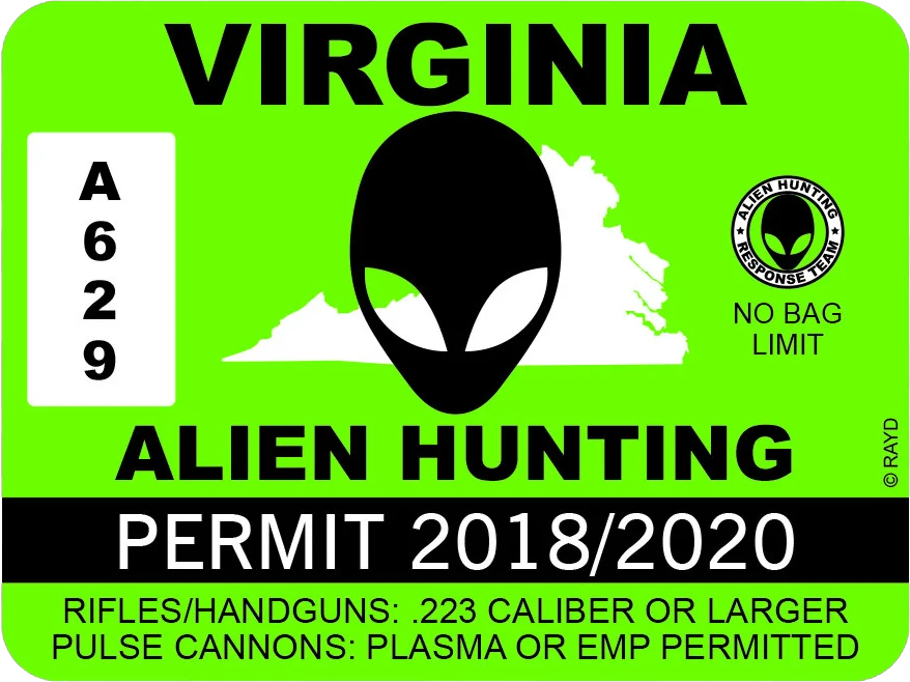 Virginia Alien Hunting Permit Sticker Self Adhesive Vinyl UF | Inspire ...