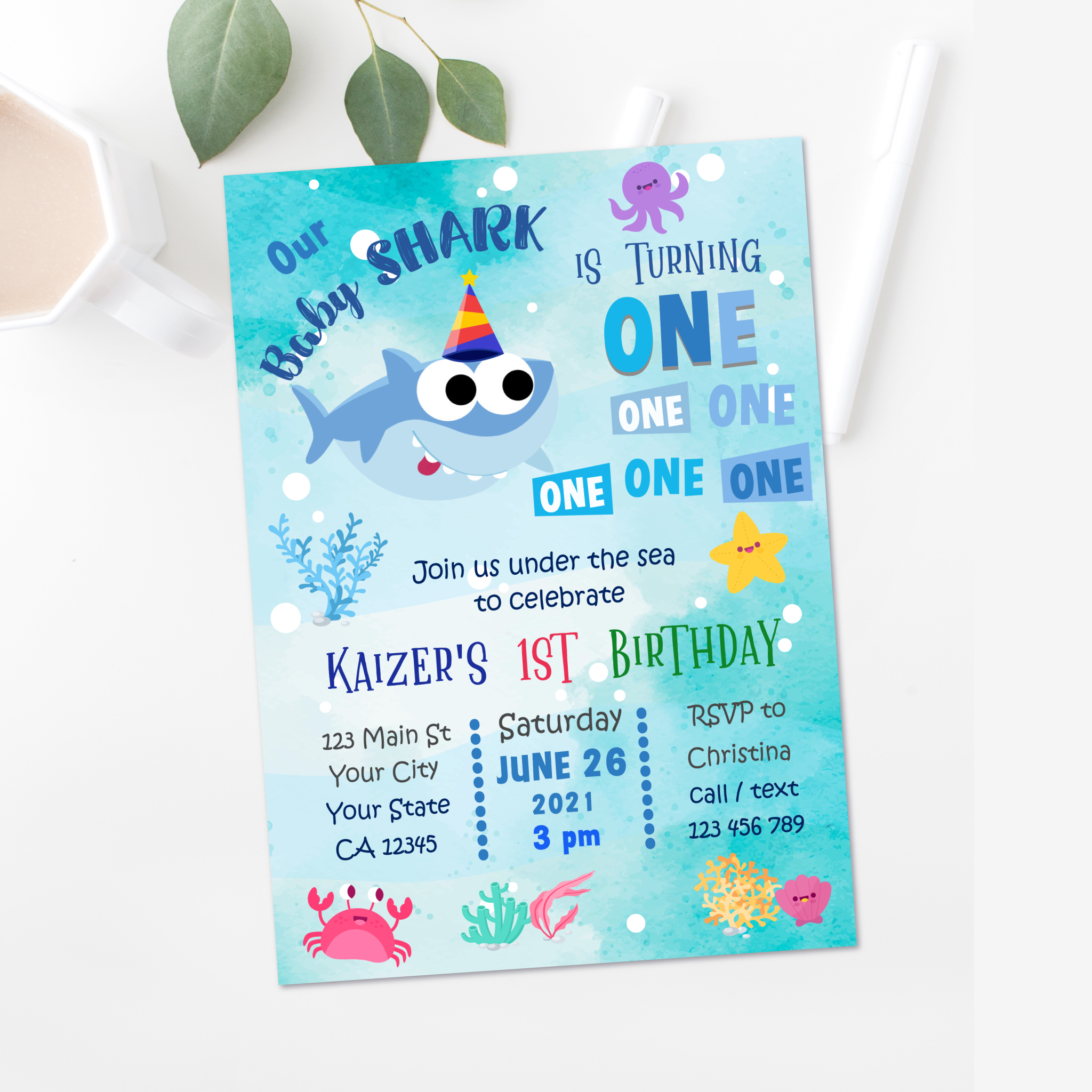 Baby Shark Birthday Party Invitation Under The Sea Blue | Inspire Uplift