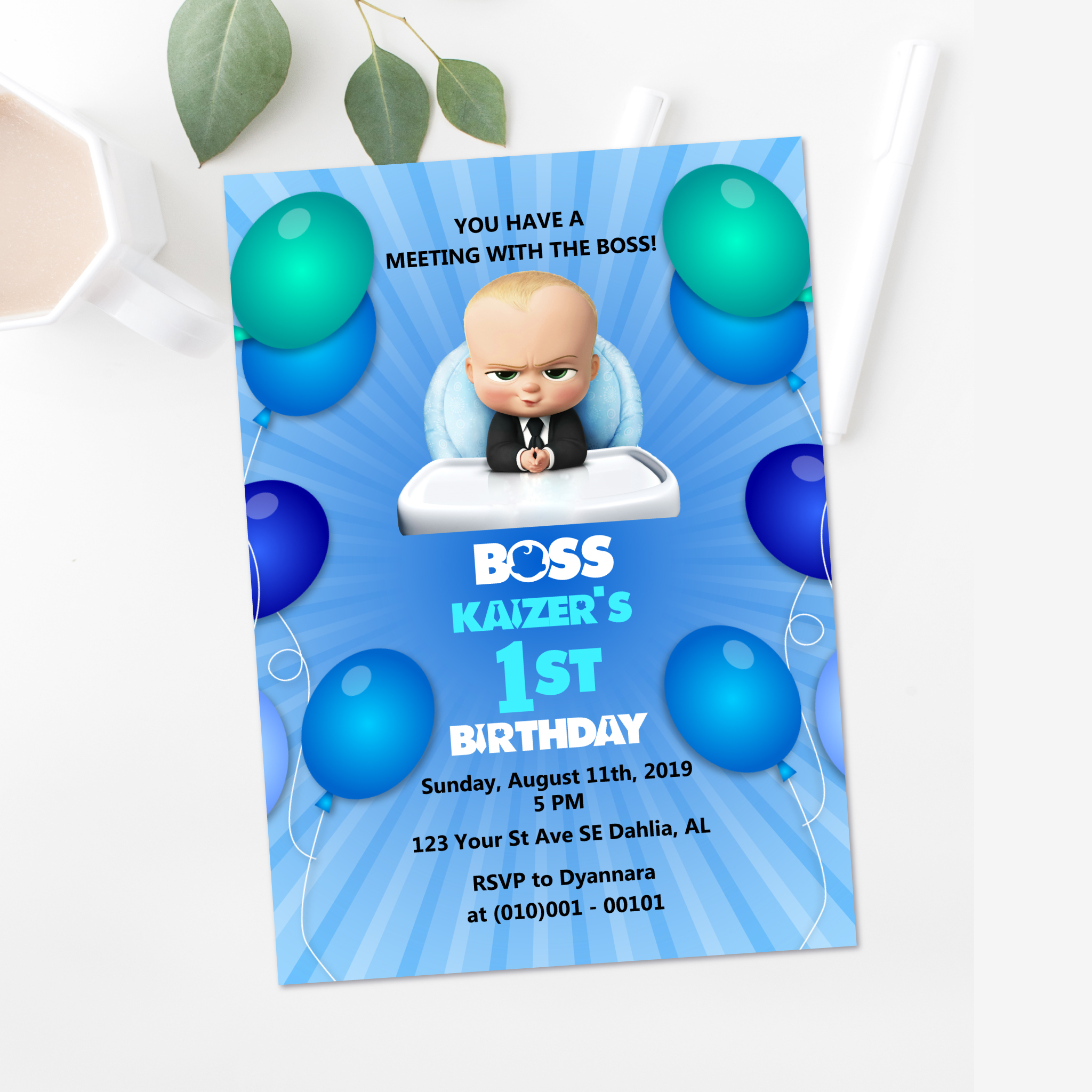 Boss Baby 1st Birthday Party Invitation Blue Balloons | Inspire Uplift