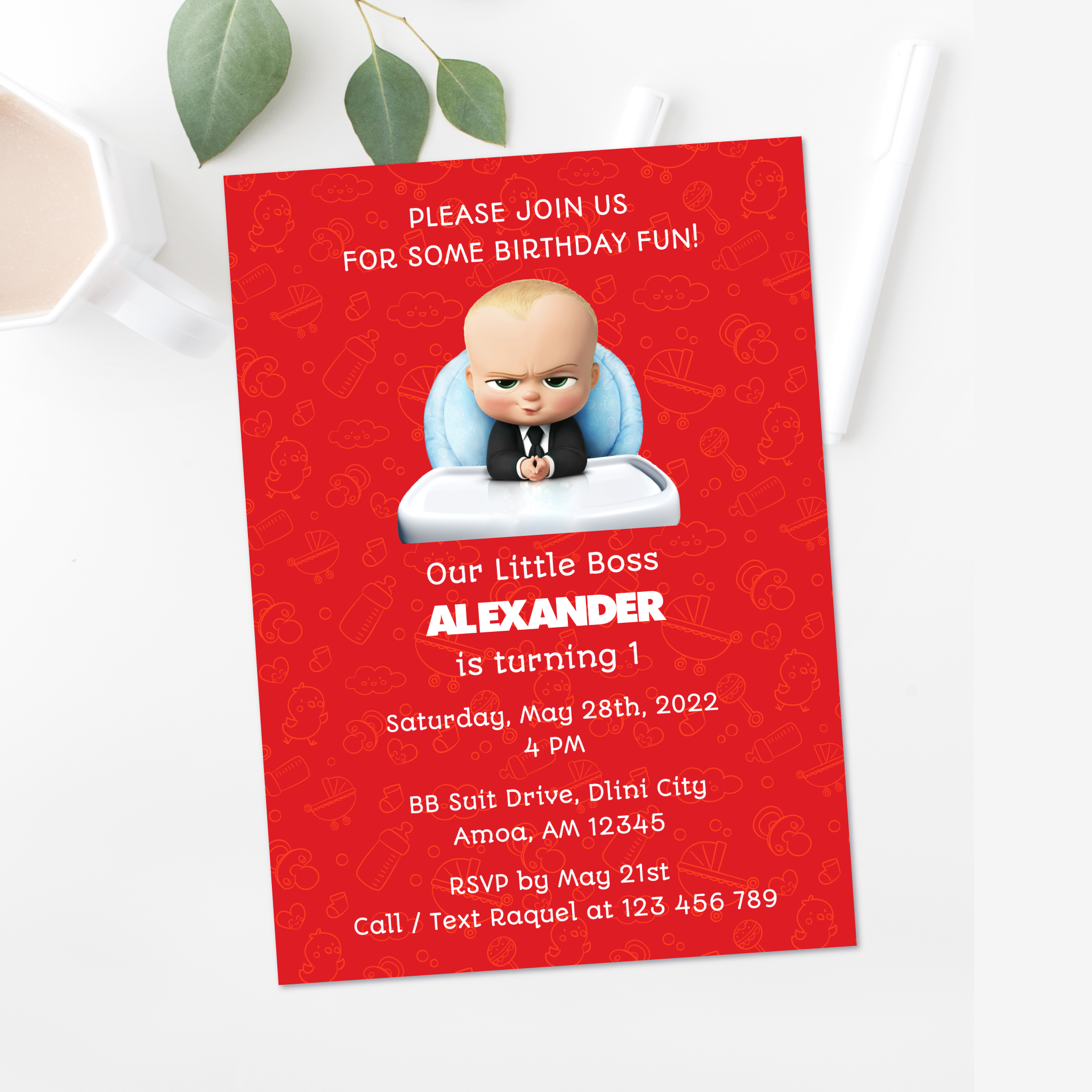Boss Baby 1st Birthday Party Invitation Red Baby Patterns | Inspire Uplift