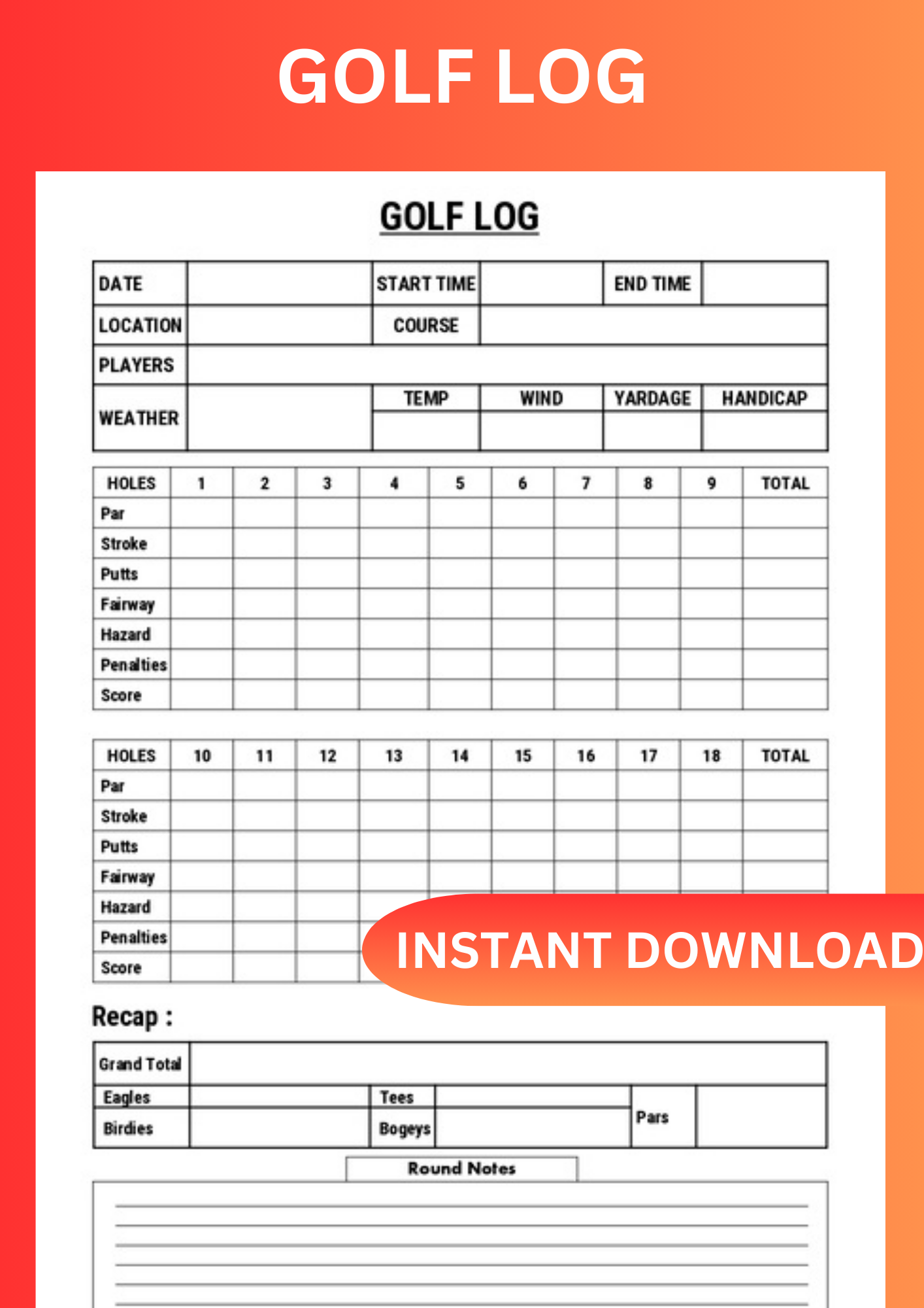 GOLF Scorecard, Printable Golf log, PDF - Inspire Uplift