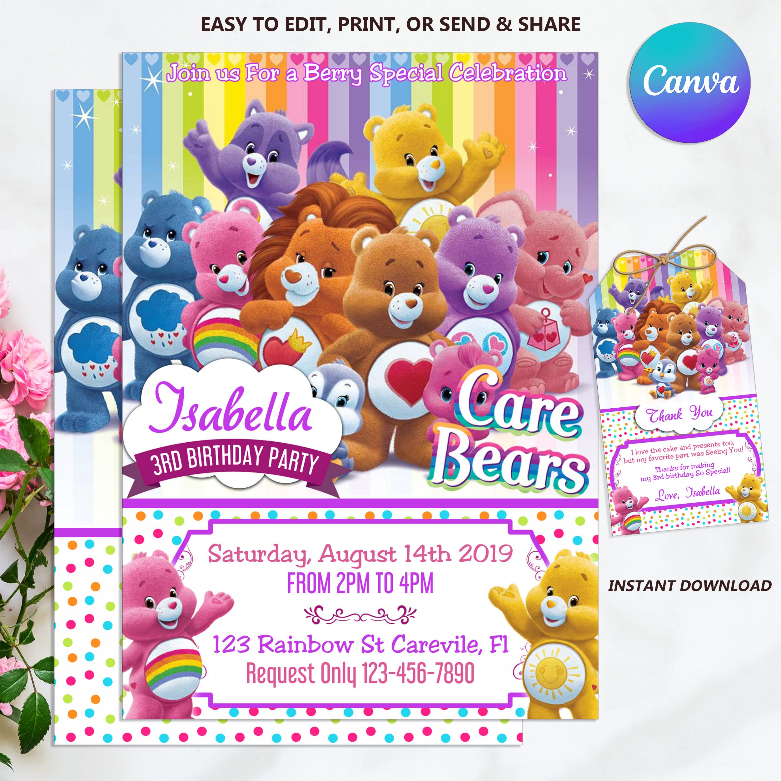 Editable Care Bears Birthday Invitation, Birthday Party Invi | Inspire ...