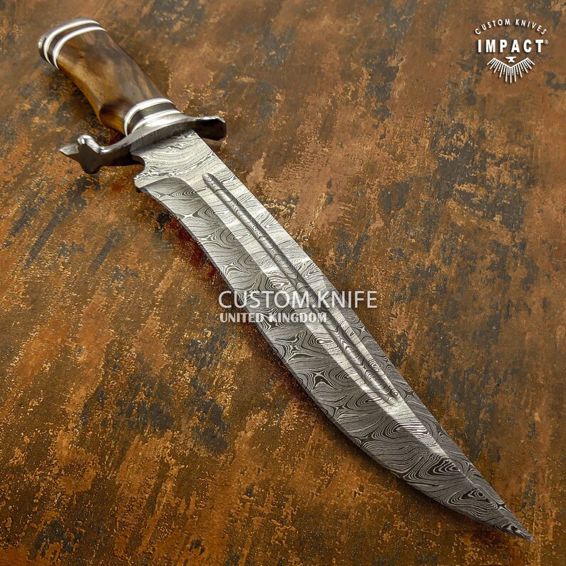Custom Damascus Large Fuller Bowie knife | Inspire Uplift