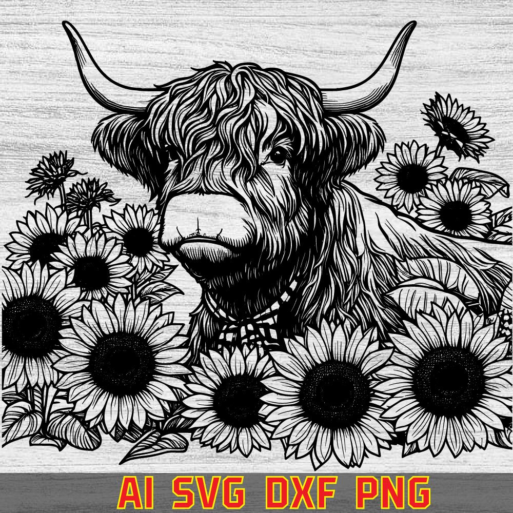 Watercolor Highland Cow With Sunflowers Clipart, 12 PNG Cow | Inspire ...