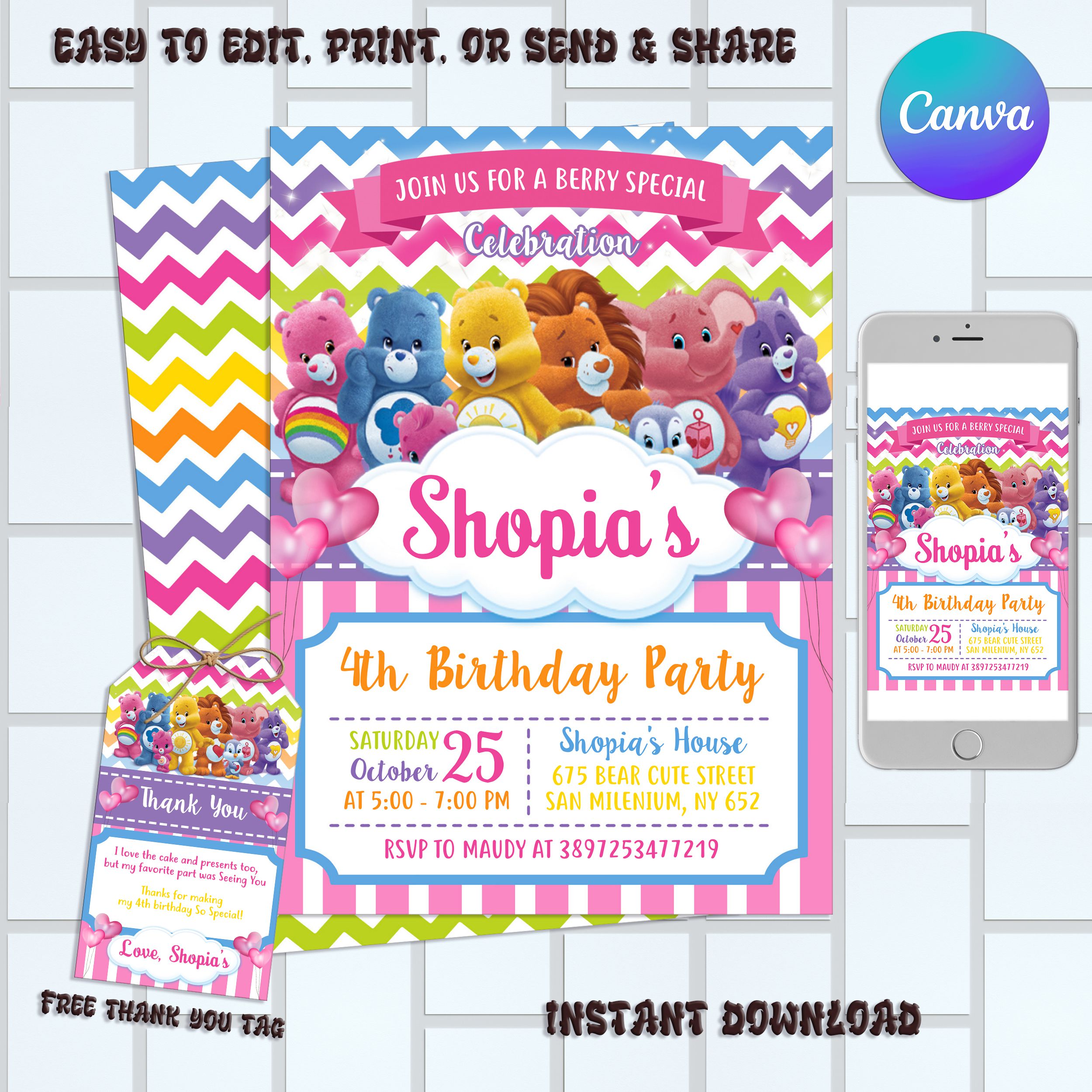 Care Bears Birthday Invitation, Birthday Party Invitation, P | Inspire ...