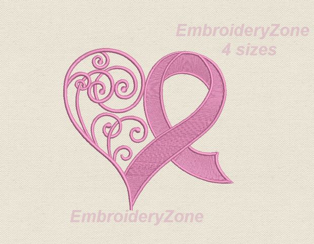 Pink ribbon and curl heart machine embroidery design, pink r - Inspire ...