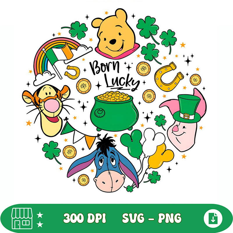 Born Lucky Winnie The Pooh St Patricks Day PNG | Inspire Uplift