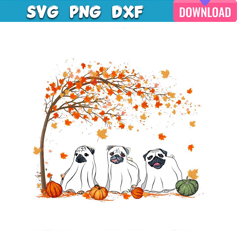 Halloween Pug Ghost Cute Under Fall Tree PNG | Inspire Uplift