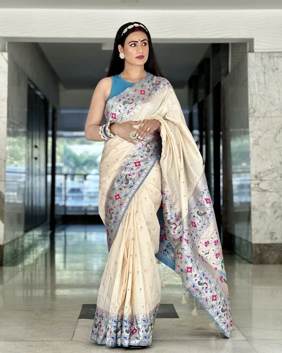 Off white color soft paithani silk saree with zari weaving w | Inspire ...