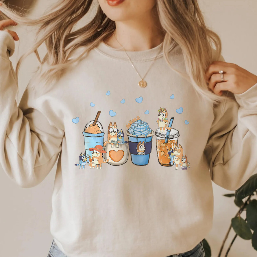 Bluey Bandit Bingo Sweat Shirt, Bluey Iced Coffee Mom Sweat - Inspire ...