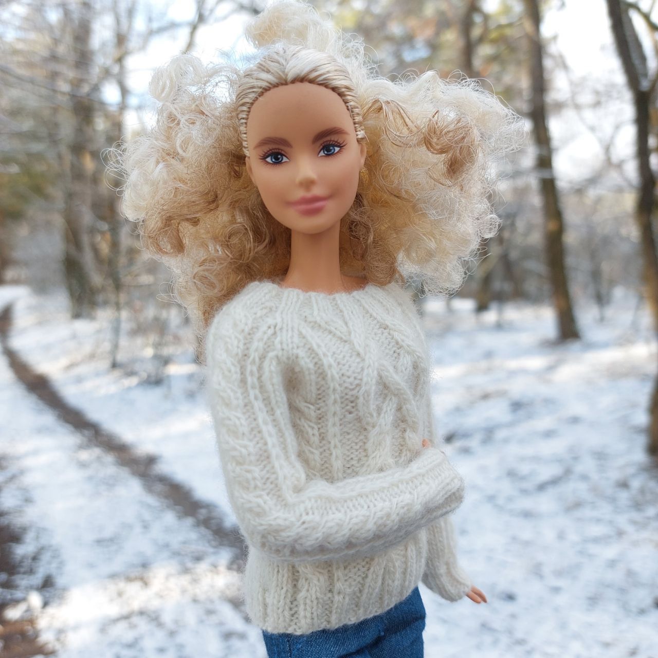 Knitted milk-white sweater with aran cables for Barbie, Popp | Inspire ...