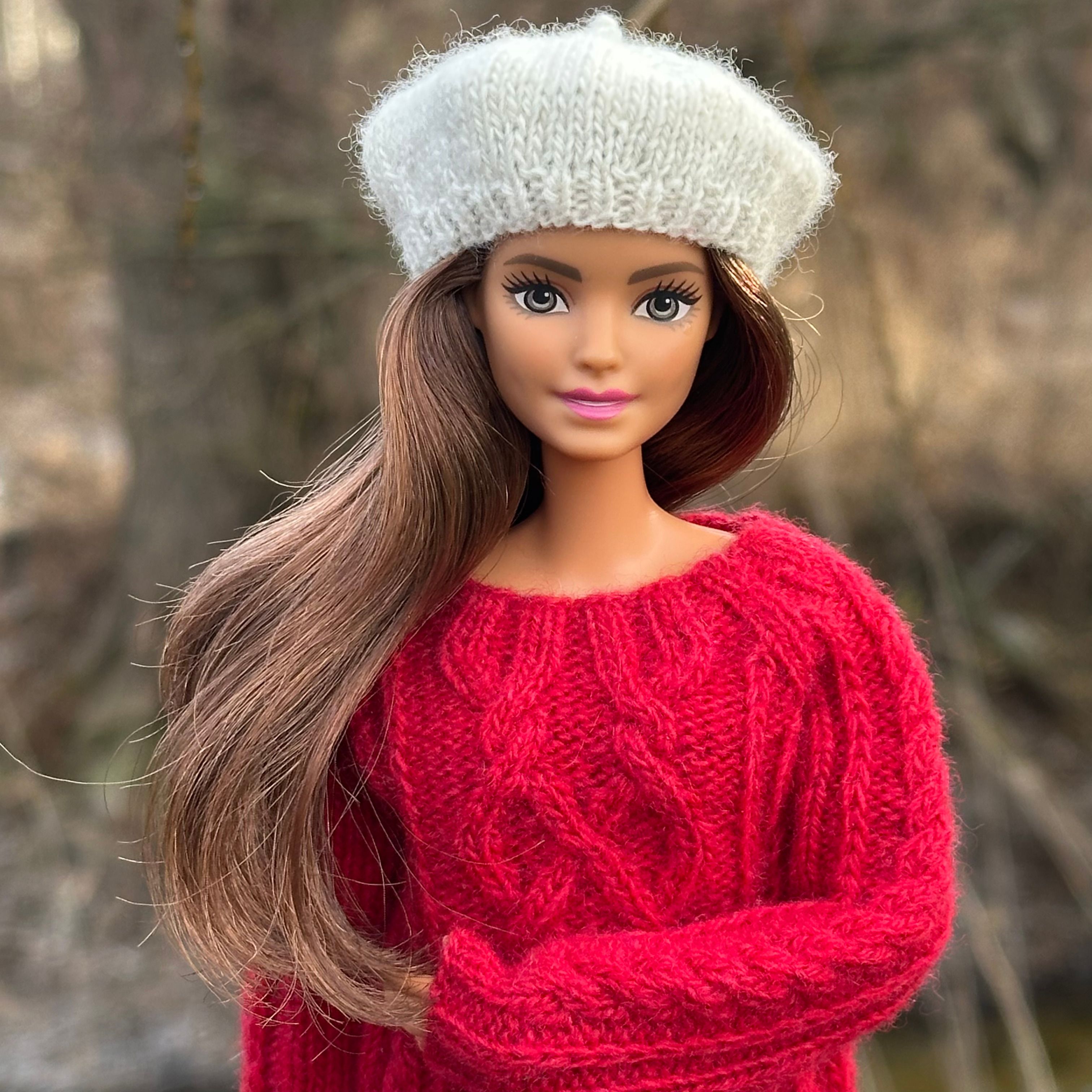 Red knitted sweater with aran cables for Barbie, Poppy Parke | Inspire ...