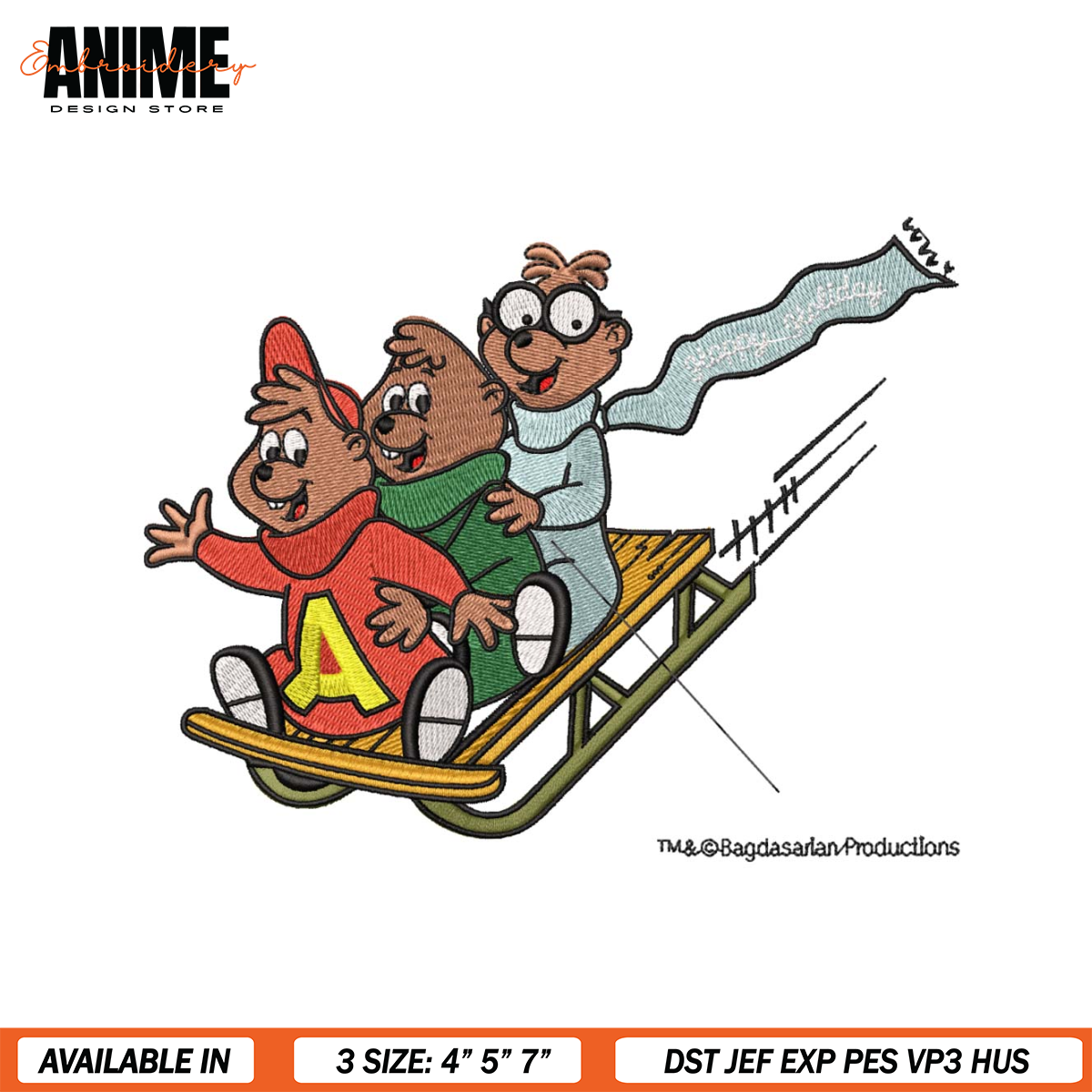 The Chipmunks Ride on Sleigh Embroidery | Inspire Uplift