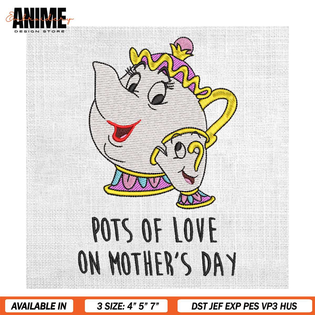 Pots Of Love On Mother Day Mrs Potts And Chip Embroidery | Inspire Uplift