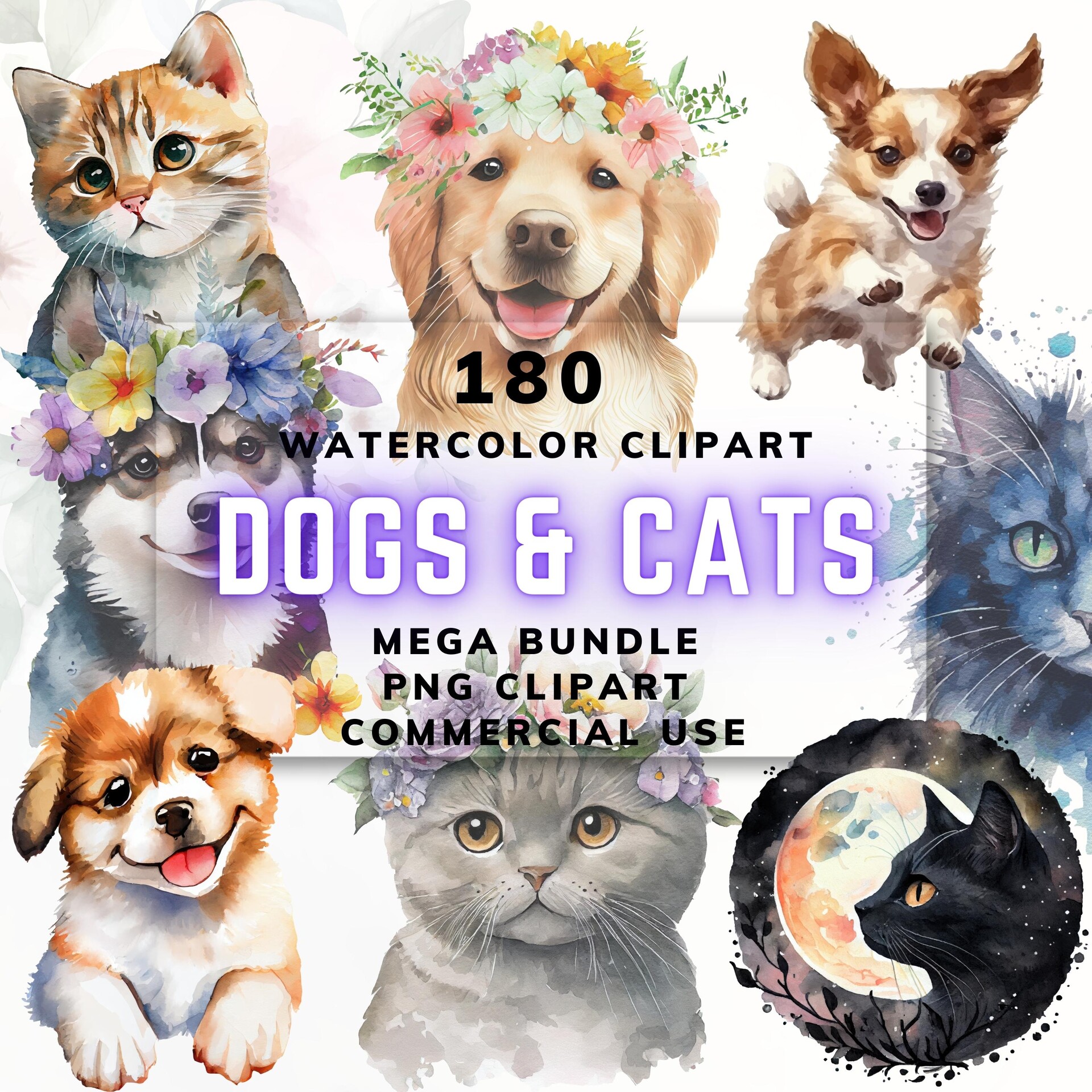 Watercolor Clipart Cats and Dogs, 180 Cute Pets, PNG, Bundle - Inspire ...