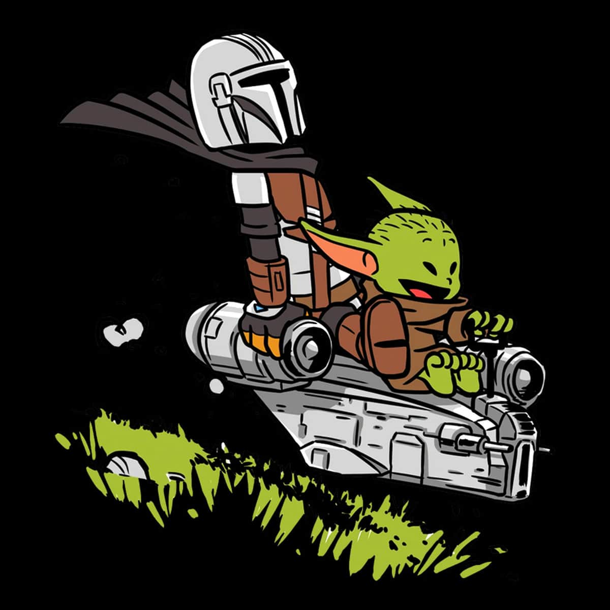 Mandalorian And Baby Yoda Speeding On Hover Bike Illustratio | Inspire Uplift