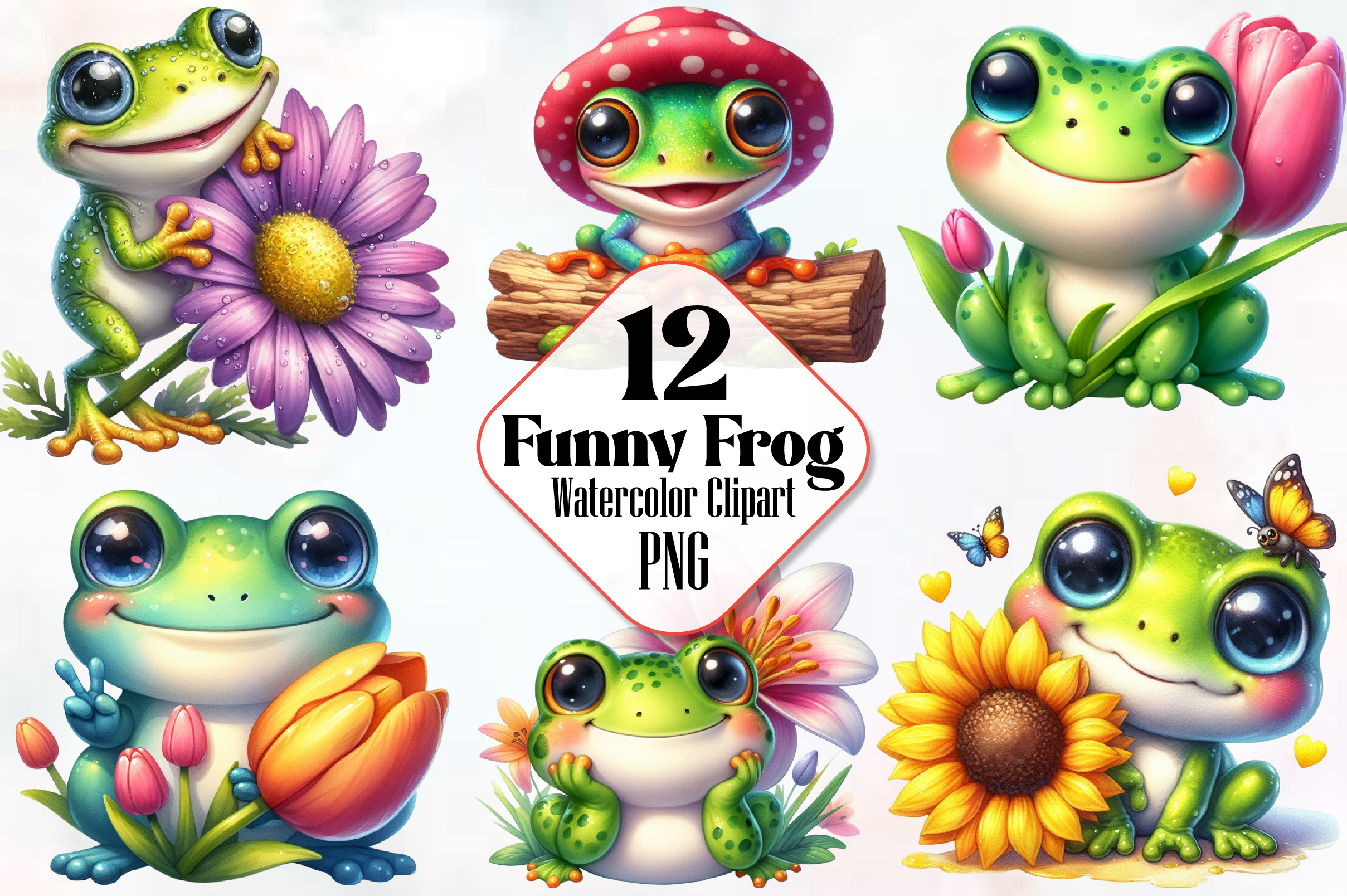 Watercolor Funny Frog Clipart Bundle PNG - Inspire Uplift