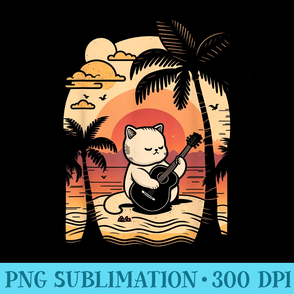 Retro Sunset Kawaii Cat Playing Guitar Cat Ukulele - PNG Pic | Inspire ...