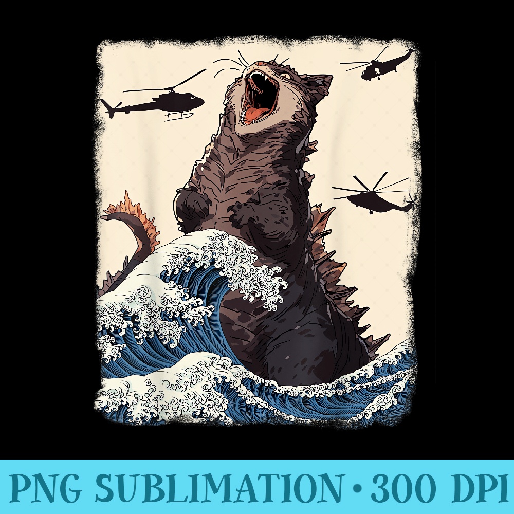 Catzilla japanese wave vintage Sunset funny Cat Art - PNG Do | Inspire ...