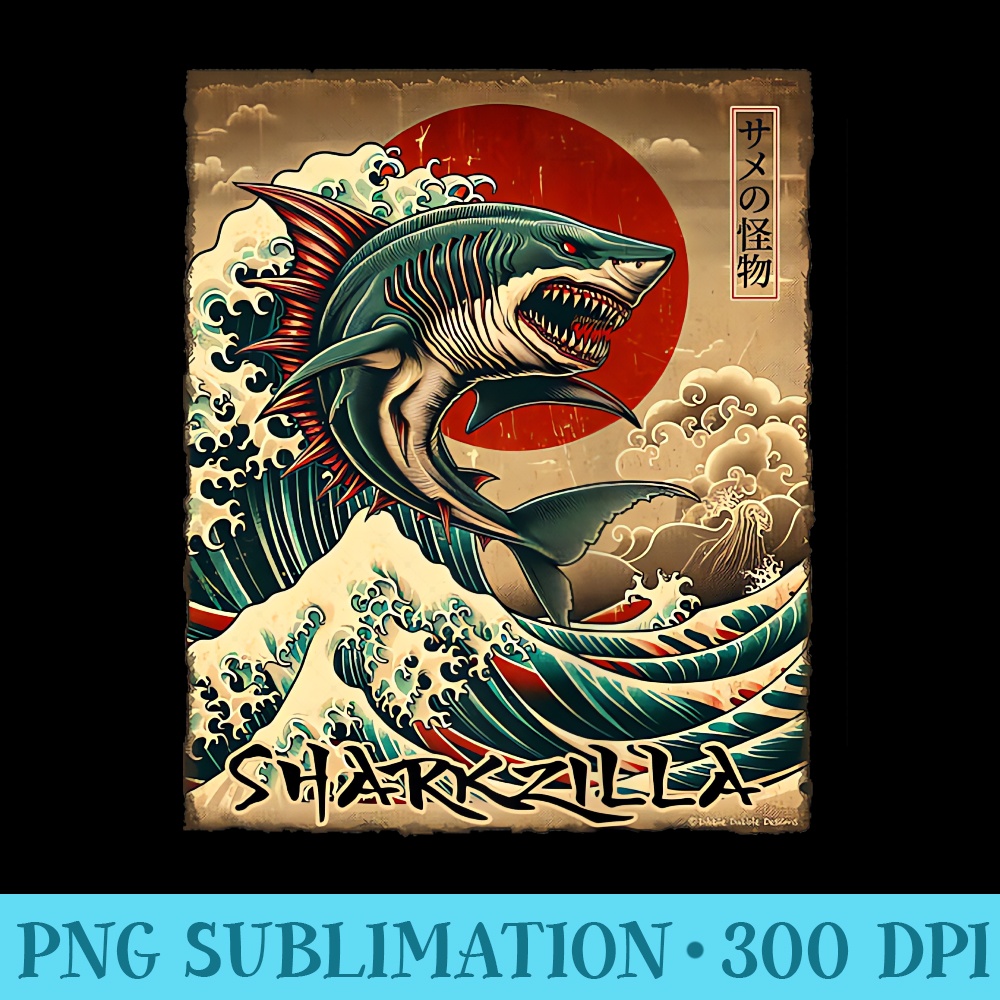 On Back Shark Kaiju Japanese Vintage Sharkzilla Great Wave - | Inspire ...