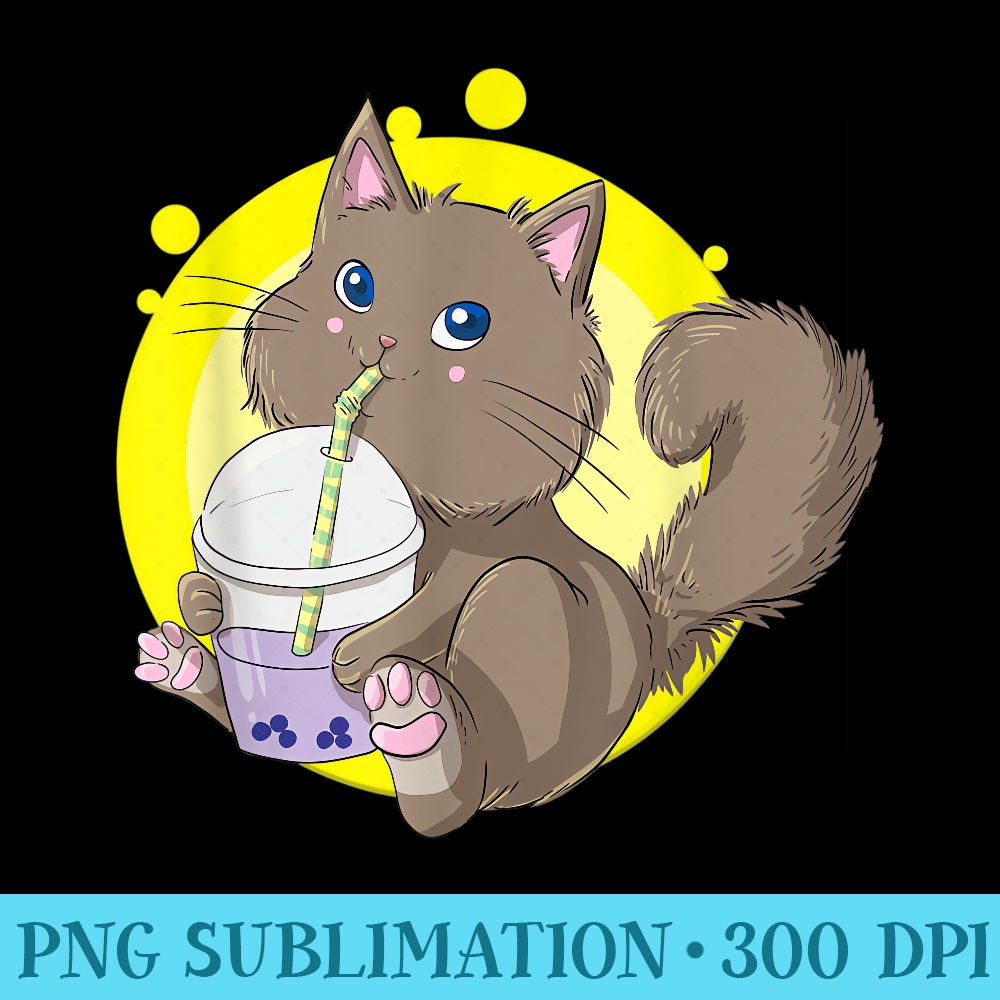 Kawaii Japanese Anime Cat Drinking Boba Milk Tea - PNG Downl | Inspire ...